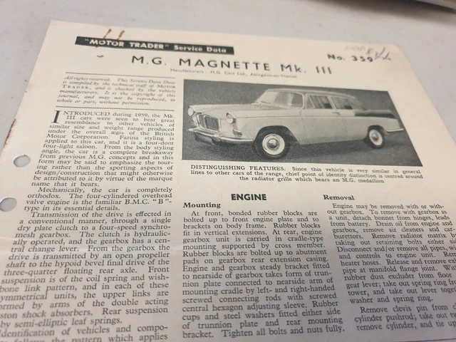 1959 MG MAGNETTE Mk 3 Original Motor Trader Service Data Sheets EUR 9 ...