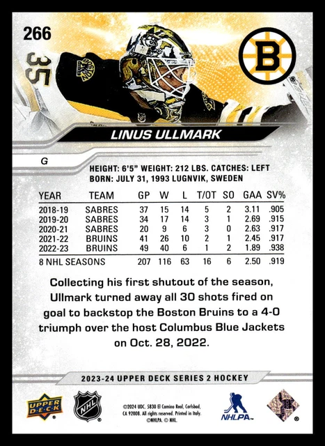 2023-24 UPPER DECK #266 Linus Ullmark Boston Bruins Hockey Card EUR 1,76 - PicClick FR