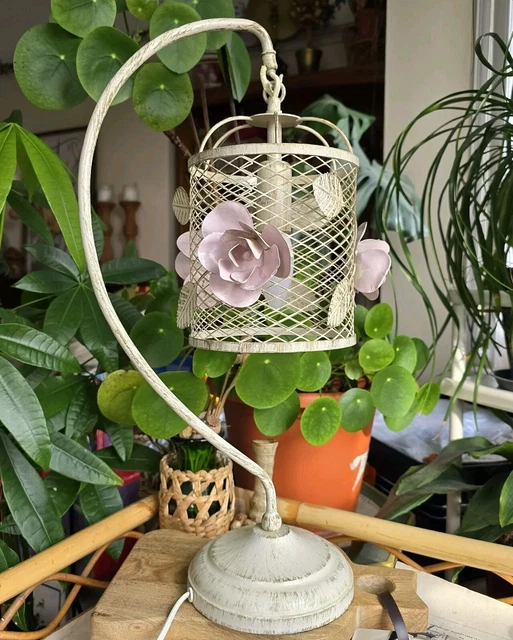 VINTAGE SWAN NECK Bird Cage Lattice Floral Table Lamp Cottagecore ...