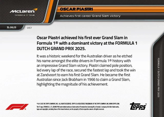 OSCAR PIASTRI 1ST Grand Slam Win F1 2025 Formula 1 Topps NOW Card 57 ...