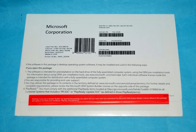 WINDOWS 11 PRO New 64 Bit Full English Version 24H2 Version Dvd Package ...