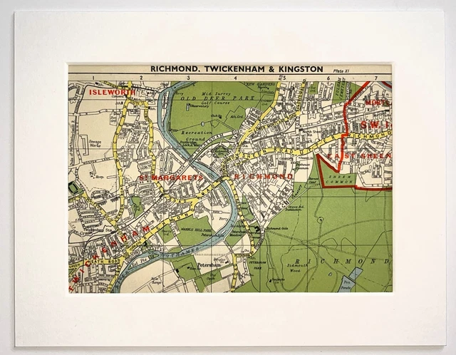 ANTIQUE 1930S LONDON Map - Mounted - TEDDINGTON-KINGSTON-BUSHY PARK ...