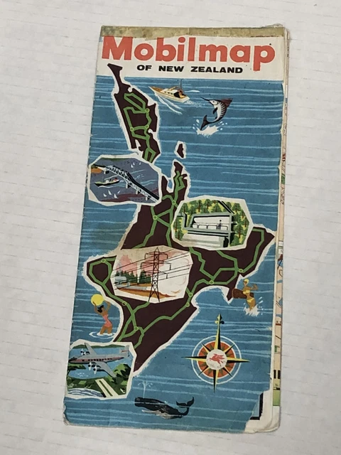 VINTAGE 1958 MOBILMAP of New Zealand Road Map Mobil Oil Mobil Gas ...