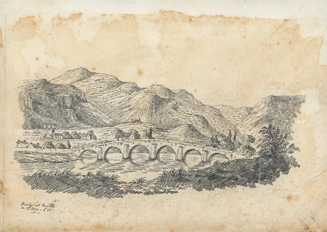 BRIDGE AT BUILTH Wells On The Wye Wales c1829 Pencil Drawing Early 19th ...