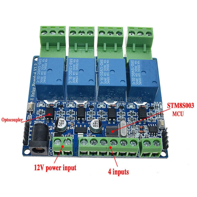 12V MODBUS RTU 4 Way Relay Module STM8S103 4 Road Input RS485 ...