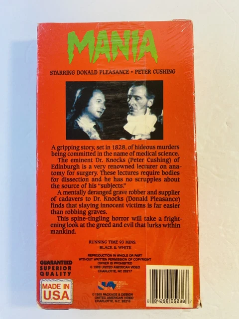 MANIA 1989 VHS Tape Movie Peter Cushing Donald Pleasance Horror Black ...