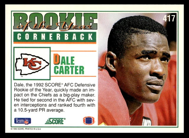 1993 SCORE DALE Carter #417 Kansas City Chiefs recrue NFL Football ...