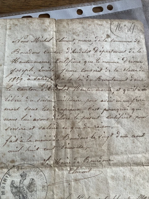 NAPOLÉON 3- MAIRIE de Bourdons - Tirage au sort-1860- M CLEMENT Maire ...