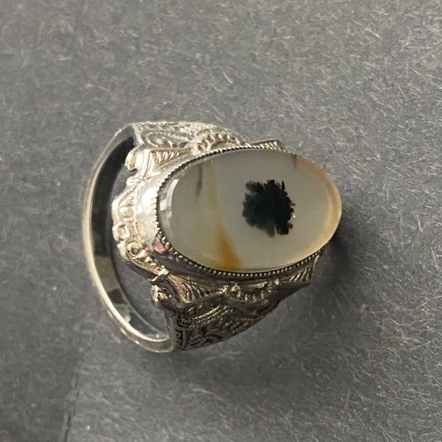 ANTIQUE/VINTAGE STERLING SILVER Ring stone like agate band flowers ...