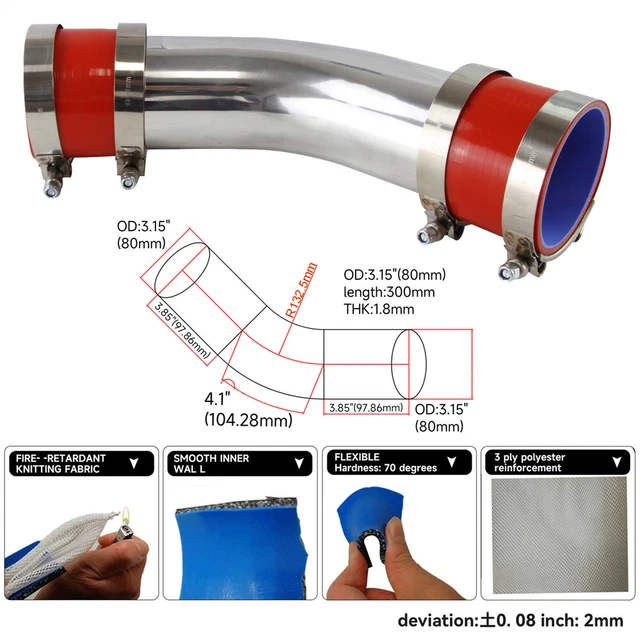 45 DEGREE 80MM 3.15" Aluminum Turbo Intercooler Pipe+Silicone Hose ...
