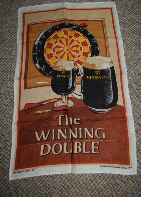 RARE VINTAGE GUINNESS Tea Towel IRISH LINEN Dartboard Darts THE WINNING ...