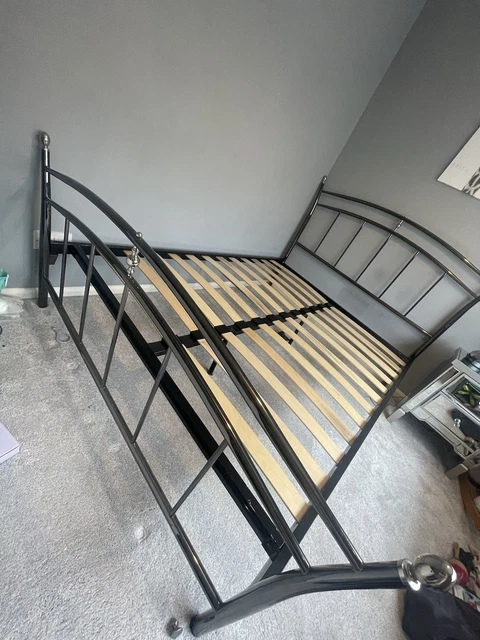 BLACK METAL DOUBLE bed frame with chrome style finials, with curved ...