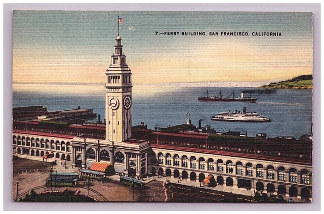 POSTCARD CA FERRY Building Boats Ship Clock Tower View San Francisco ...