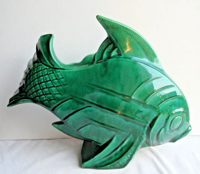POISSON EN CÉRAMIQUE craquelée verte Art Déco vers 1930, signé LE JAN ...