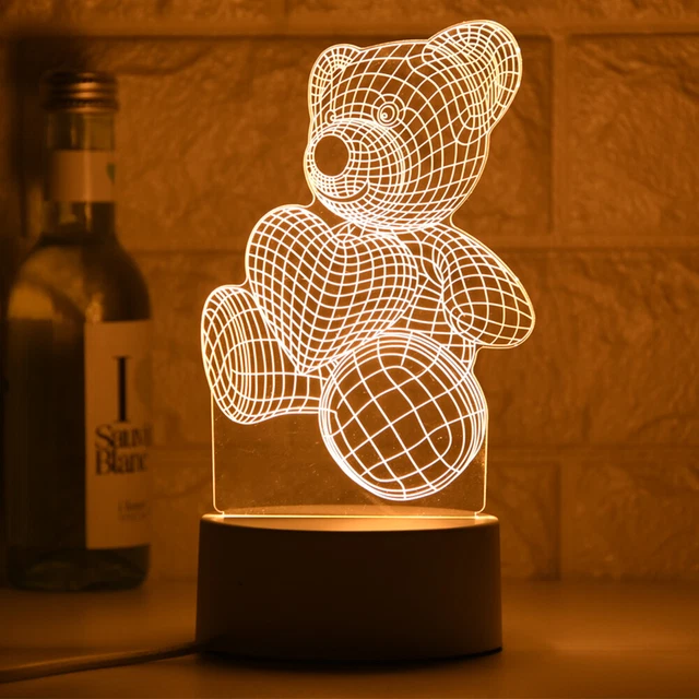 3D LED LIGHT Teddy Bear Heart Illusion Night Change Desk Table Lamp ...