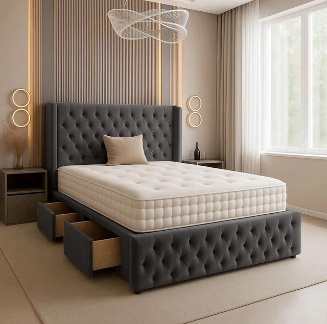 CHESTERFIELD PLUSH VELVET Divan Bed Set - Winged Headboard, Footboard ...