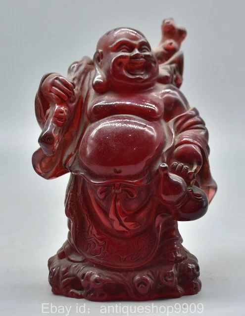 6.8& OLD CHINESE Red Amber Carved Happy Laugh Maitreya Buddha Statue ...