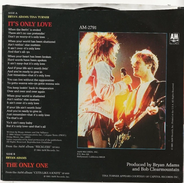 BRYAN ADAMS TINA Turner It's Only Love Original Single From Usa EUR 7 ...