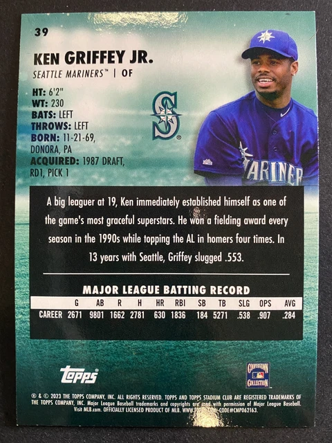 KEN GRIFFEY JR 2023 Topps Stadium Club Baseball Seattle Mariners #39 ...