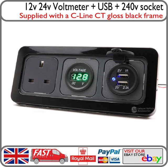 C-LINE GLOSS BLACK Frame 13a Socket w/ 12v 24v USB & Green Voltmeter ...