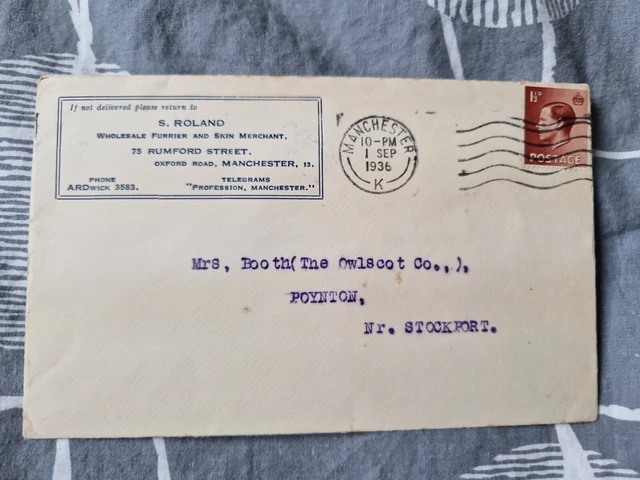 VINTAGE ENVELOPE 1936 British Fur Trade Alliance S Roland Manchester ...