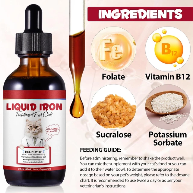 IRON SUPPLEMENTS FOR Cats, 60ML Liquid Iron with Folate and B12 ...