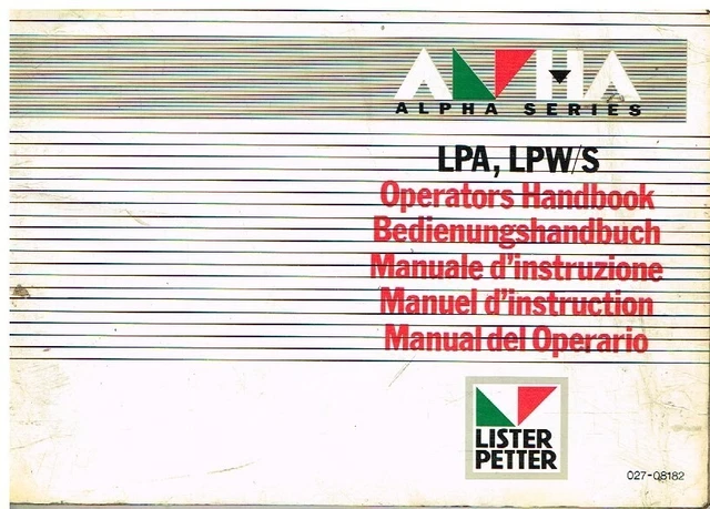 LISTER PETTER ALPHA Lpa Lpw/S Industrial Diesel Engine 1992 Operators ...