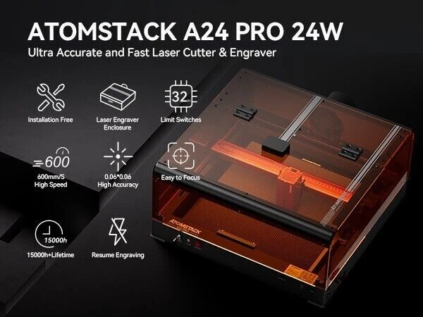 ATOMSTACK A24 PRO 24W Lasergravur für Holz, Acryl, Leder & Metall + B3 Gehäuse EUR 999,00 ...