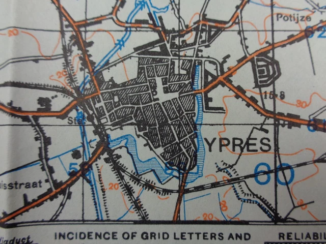 ORIGINAL WW2 BRITISH Army map entitled "YPRES (+ ROULERS) Scale 1: ...