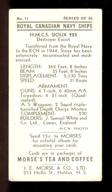 1960S MORSE TEA ROYAL CANADIAN NAVY SHIPS Card HMCS SIOUX £14.29 ...