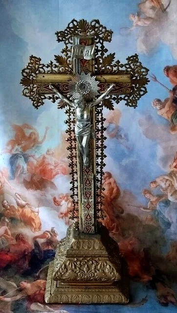 ANTIQUE CRUCIFIX CROIX JESUS CHRIST JANSENISTE SUR BOIS STUC DORE AUTEL ...