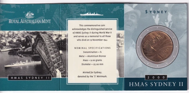 AUSTRALIAN: 2000 $1 Hmas Sydney S Sydney Mintmark Unc Coin On Card ...