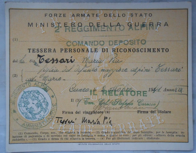 TESSERA DI RICONOSCIMENTO 2° regimento Alpini Cap. Tessari EUR 17,00 ...