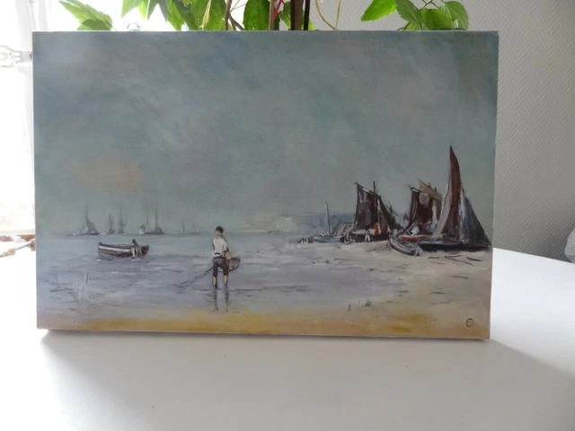 MARINE -TABLEAU -PEINTURE à l'huile sur toile "La pêche au filet sur la plage " EUR 220,00 ...