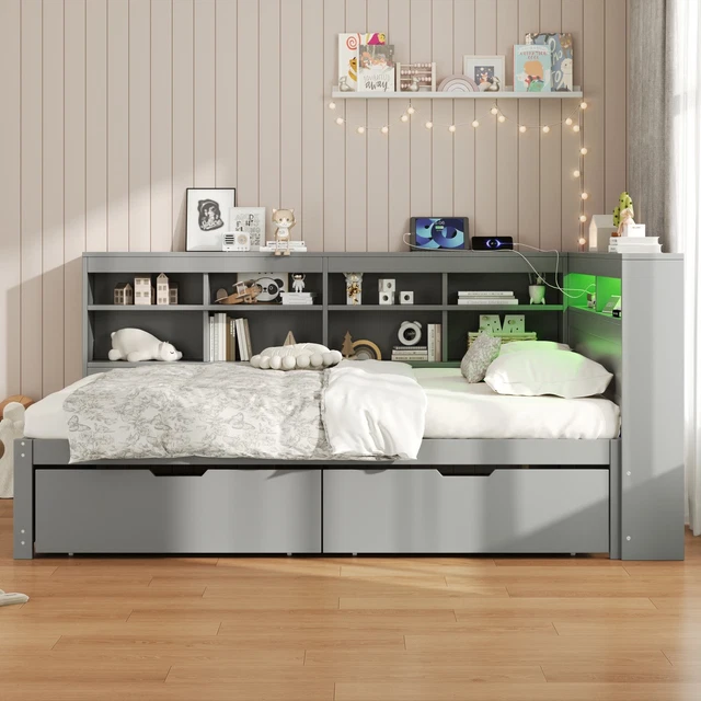 GREY DOUBLE DAYBED 4ft6 Bed Frame with Storage Drawers LED Charging ...