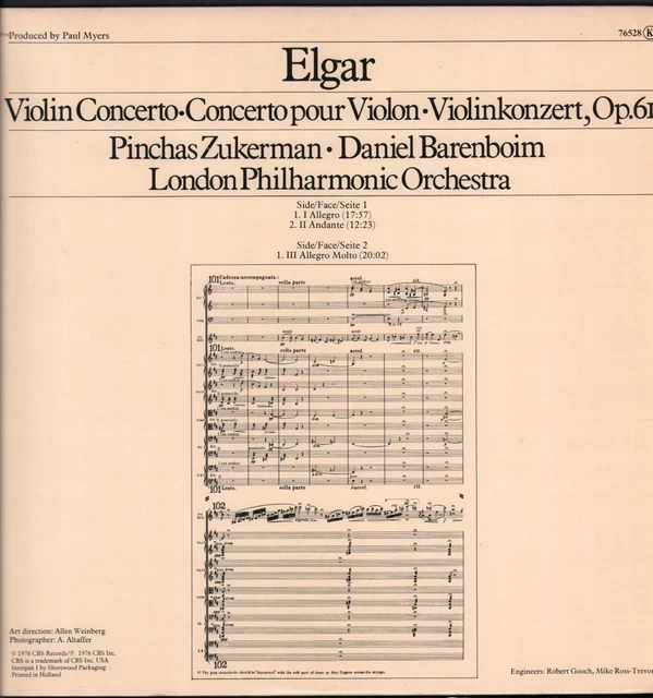 76528 PINCHAS ZUKERMAN / Daniel Barenboim Elgar Violin Concerto LP ...