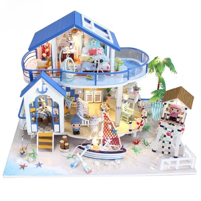 DIY DOLLHOUSE KIT LED Lighting Wooden Assembly Cottage House Building ...