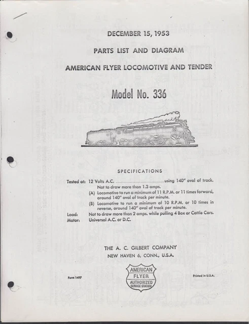 COPY AMERICAN FLYER Parts List & Diagram Locomotive #336 4-8-4 UPRR 12/ ...