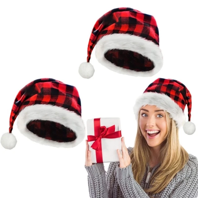 WARM WINTER CHRISTMAS Santa Hat Double Layer Checker Santa Caps for Men ...