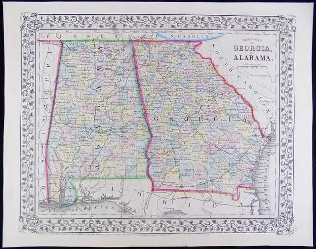 1870 MITCHELL'S MAP OF GEORGIA & ALABAMA VIVID COLOR Original post ...