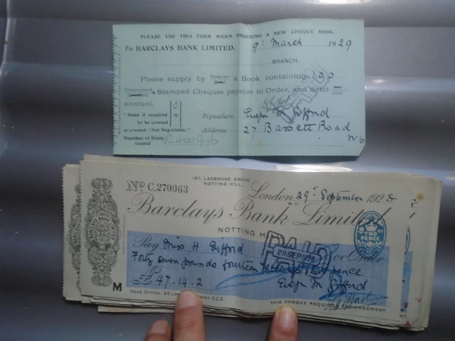 1928 COLLECTION 34 Barclays Bank Cheques Notting Hill Branch + Cheque ...