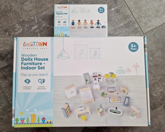 ALDI LITTLE TOWN Wooden Dolls House Furniture And Figures £34.99 ...