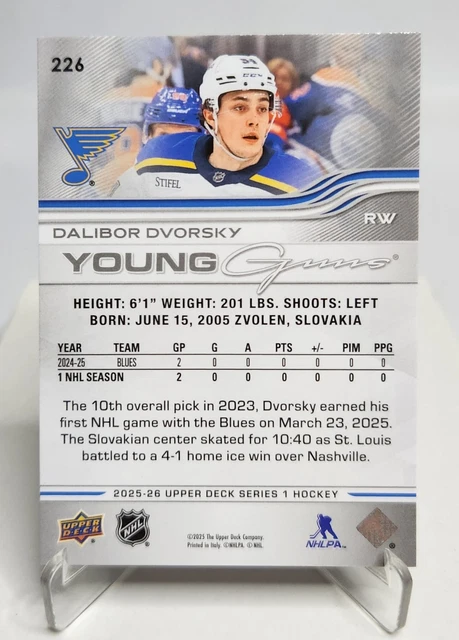 2025-26 UPPER DECK Series 1 Dalibor Dvorsky Young Guns #226 RC St Louis ...