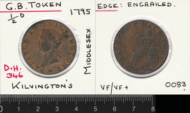 GREAT BRITAIN: 1795 token Kilvington's Middlesex ½d edge engrailed D ...
