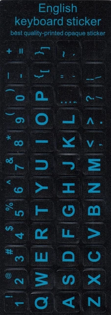 USA ENGLISH KEYBOARD Sticker Label Opaque Black Background Blue Letter ...
