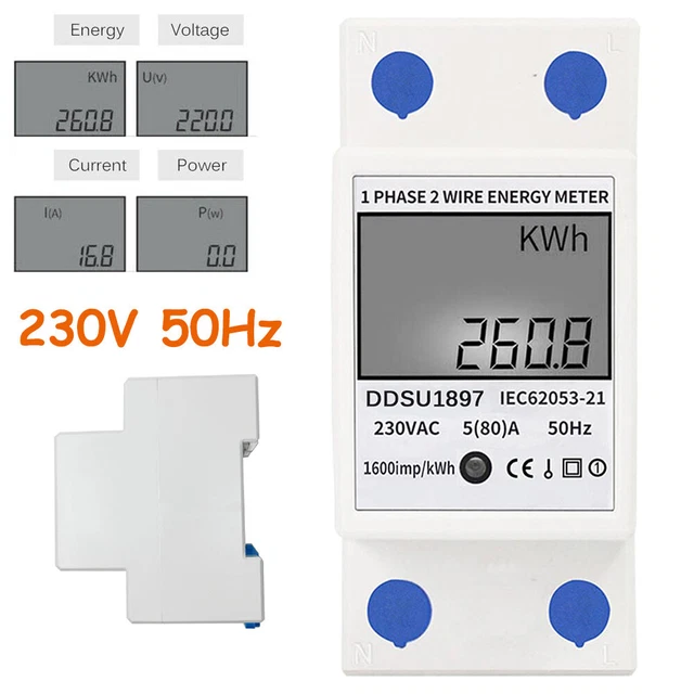 230V LCD DISPLAY Digital Electric Energy Meter Phase DIN Rail ...