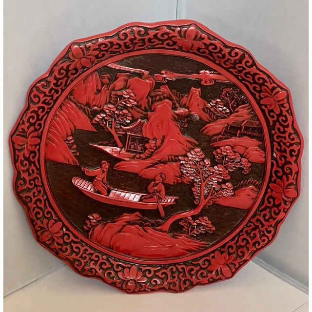 CHINESE HAND-CARVED LACQUER Red Cinnabar Resin Plate (Boat Scene) £179. ...