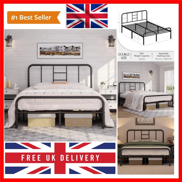 BLACK METAL DOUBLE Bed 4ft6 Iron Bed Frame with Curved Headboard, Under ...