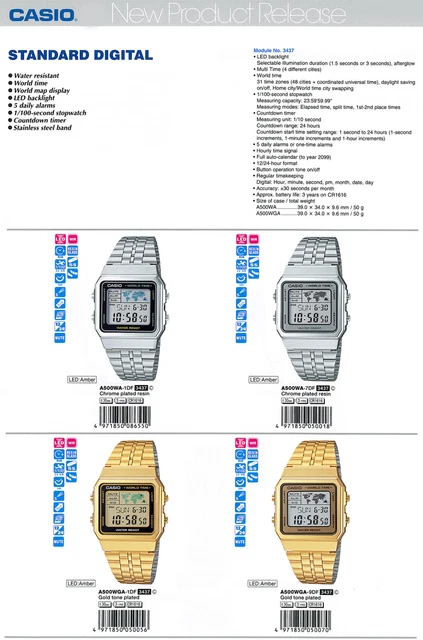 OROLOGIO DIGITALE CASIO Retro World Time Choice di 4 A500WA A500WGA ...