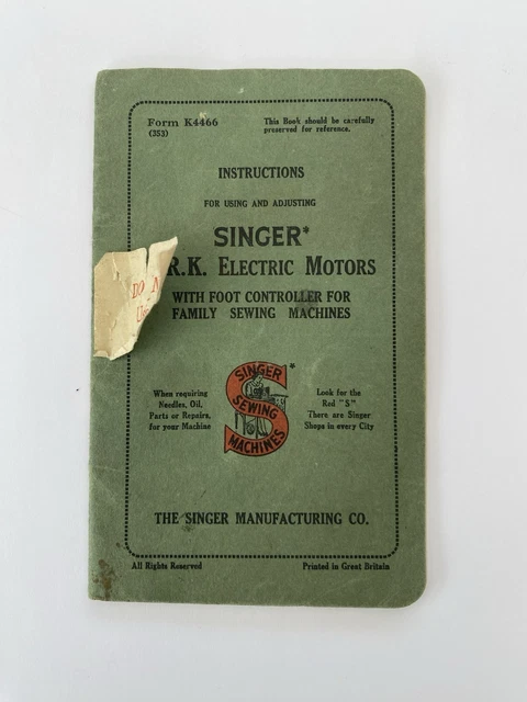 1930'S VINTAGE SINGER Sewing Machine Instruction Booklet BRK Electric ...